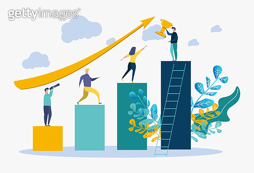Colorful vector illustration, people run to their goal, move up by ...