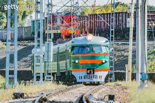 Retro passenger train moves from Mytischi to Moscow. This type of the ...