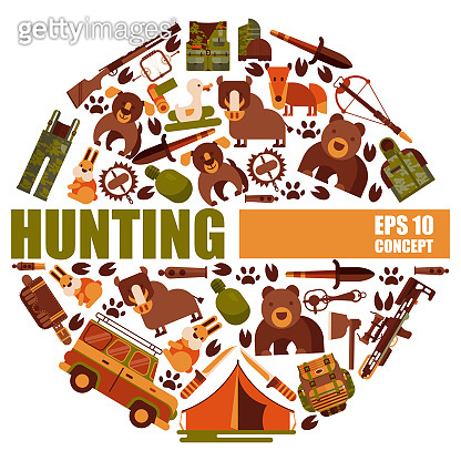 Hunting equipment round patterns vector illustration. Hunter ...