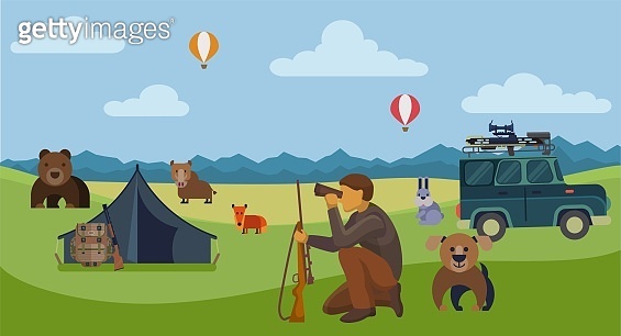 Hunter with dog and rifle hunt for wild animals outdoors looking prey ...