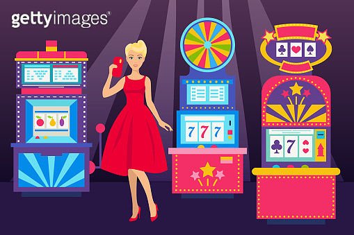 Girl in elegant dress with phone visiting casino place banner vector ...