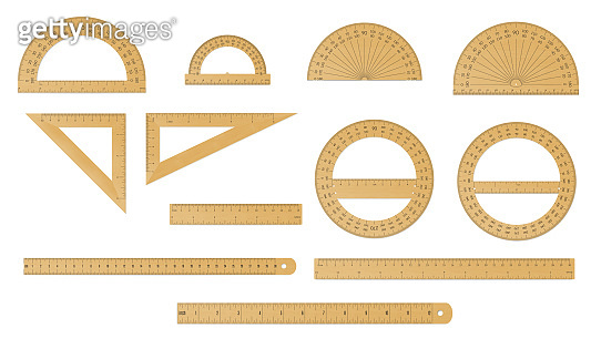 School set of wooden measure ruler, protractor and triangle in both ...