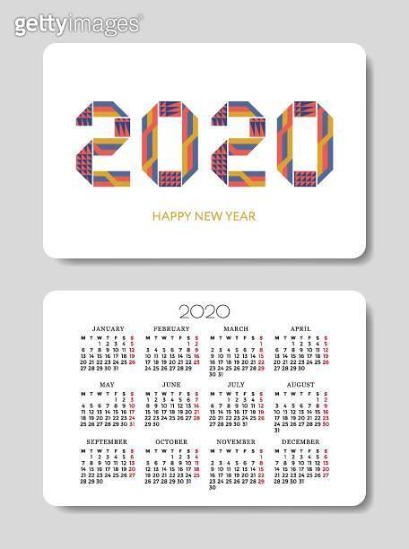 Pocket Calendar 2020 with colorful decorative figures on white ...
