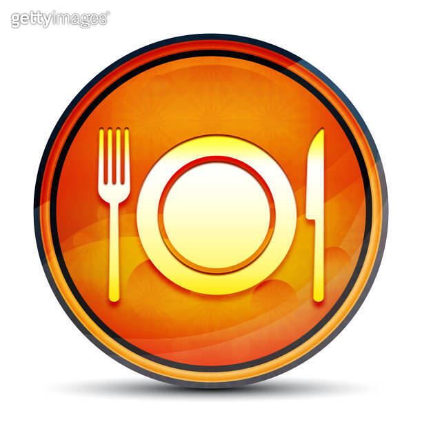 Plate with fork and knife icon shiny bright orange round button ...