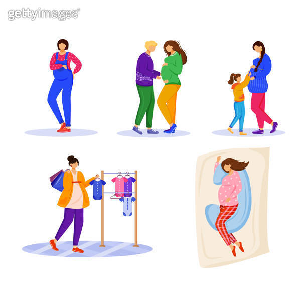 Pregnancy flat vector illustrations set. Maternity, preparation and ...