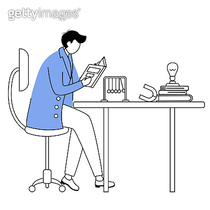 Scientist at his working place flat contour vector illustration. Man in ...