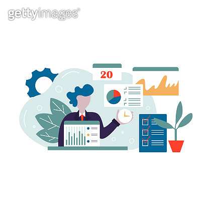 Isolated vector concept of work time management with character, alarm ...