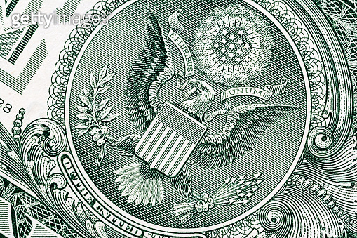 Eagle macro close-up on a US 1 dollar banknote. Detail of one dollar ...