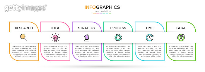 Concept of arrow business model with 6 successive steps. Five colorful ...
