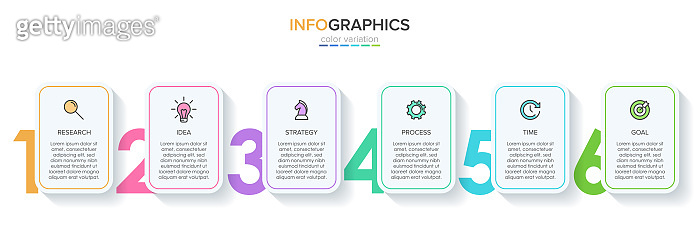 Concept of arrow business model with 6 successive steps. Five colorful ...