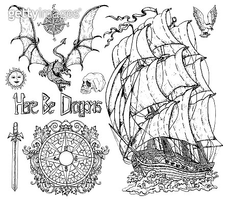 Design set with sailboat, flying dragon, baroque compass, sword, skull ...