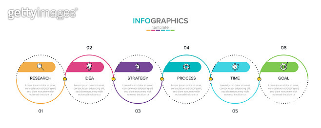 Concept of arrow business model with 6 successive steps. Six colorful ...