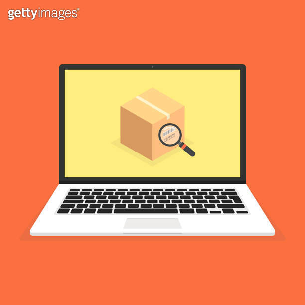 Laptop with cardboard box and magnifying glass on screen. Order ...