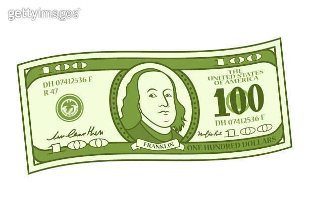 Cartoon 100 dollar bill with stylized Franklin portrait. Play money or ...