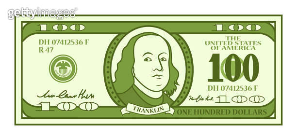 Cartoon 100 dollar bill with stylized Franklin portrait. Play money or ...
