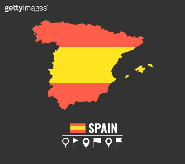 High detailed vector map of Spain. Name country, flag and pointer set ...