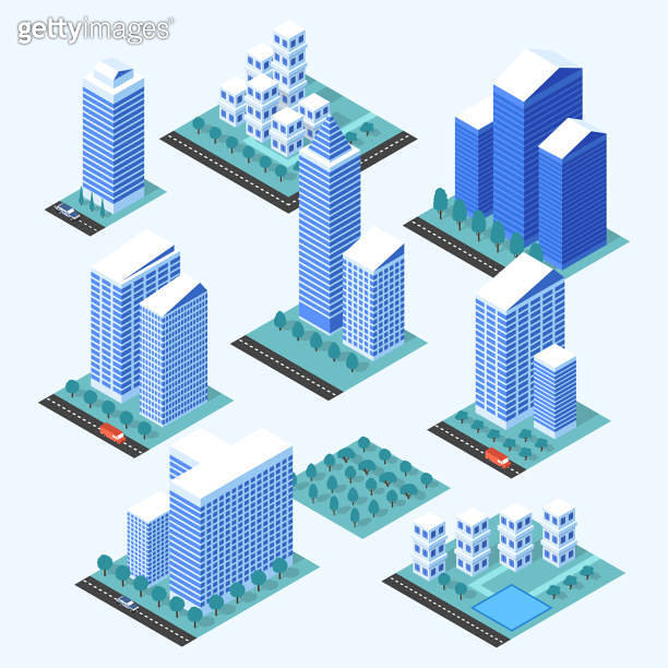 City buildings 3d isometric projection for map. 3d city map elements ...