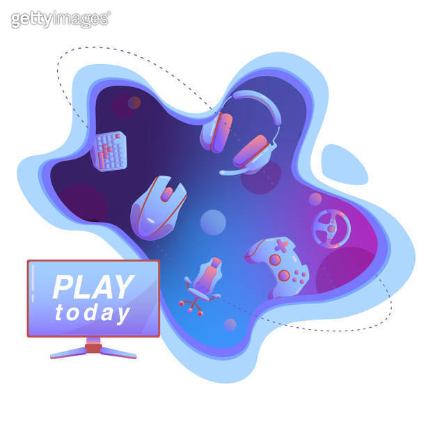 Wavy template with Gaming gadgets on modern blue and violet background ...