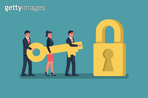 Business team hold gold key to unlock lock 이미지 (1152968859) - 게티이미지뱅크
