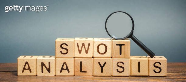 Wooden blocks with the word SWOT analysis and a magnifying glass. The ...
