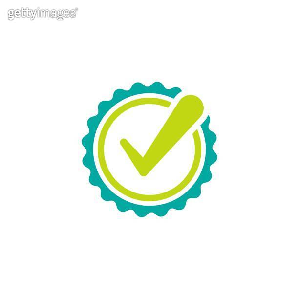 Valid Seal icon. Blue circle with ribbon outline and green tick. Flat ...
