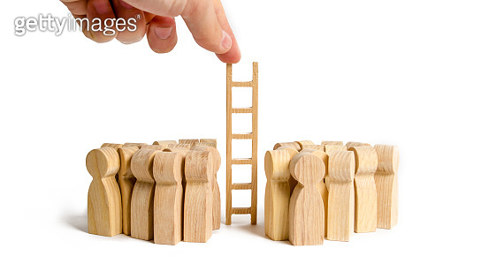 The hand stretches the ladder to two opposing groups of people. Support ...