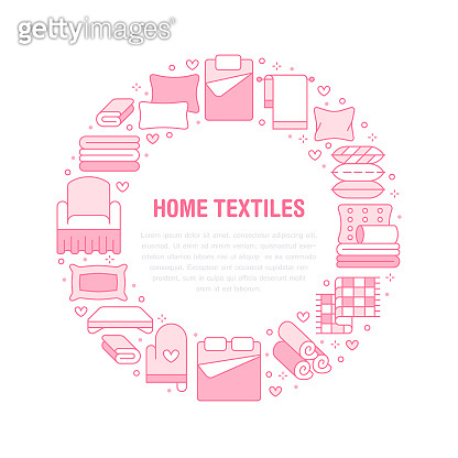 Home textiles circle template with flat line icons. Bedding, bedroom ...
