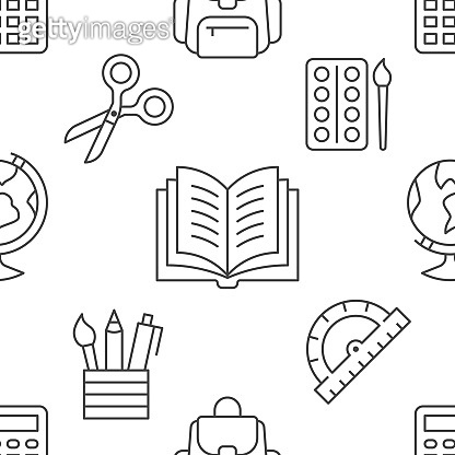 School supplies seamless pattern with line icons. Study tools ...
