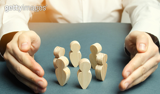 Boss defending his team with a gesture of protection. Life insurance ...