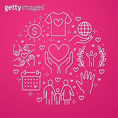 Charity vector circle banner with flat line icons. Donation, nonprofit ...