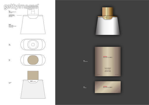 Gold, symmetrical, parfume box-Packaging design 이미지 (1180674759) - 게티이미지뱅크