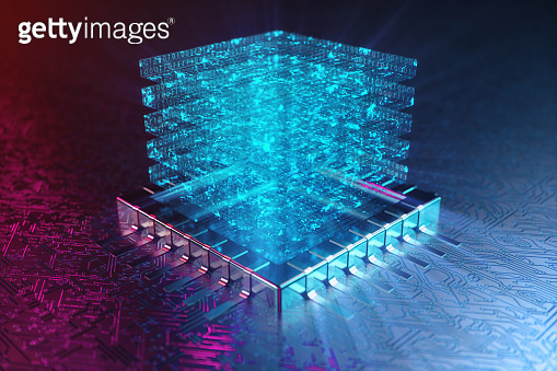 AI - artificial intelligence concept. Hologram above CPU. Machine ...