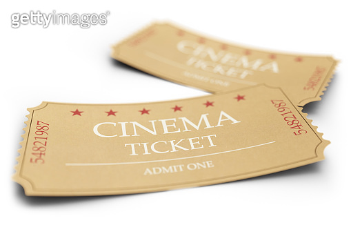 Two movie tickets isolated on white background, with depth of field ...