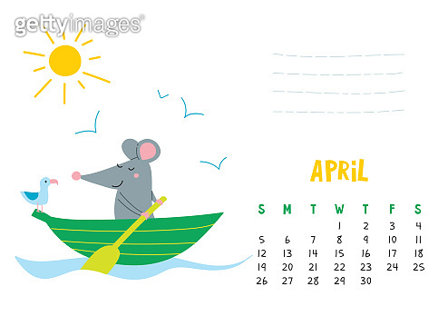 April. Vector calendar page with cute rat in travel - Chinese symbol of ...