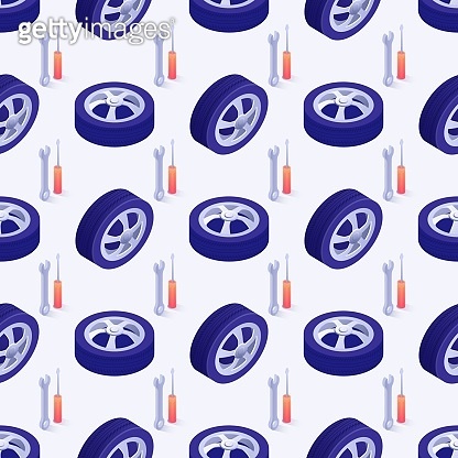 Seamless Isometric Pattern with Wheels and Tools 이미지 (1150473860) - 게티이미지뱅크