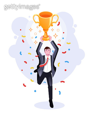 Happy smiling businessman office worker winner character holding golden ...