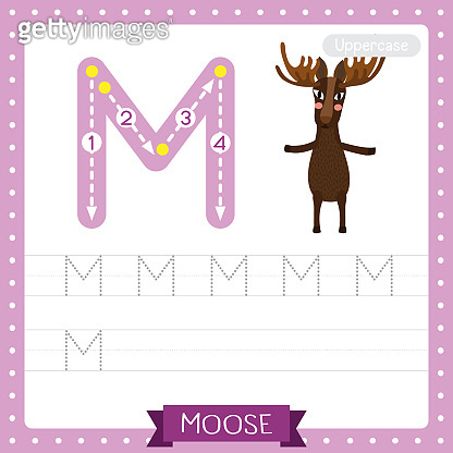 Letter M uppercase tracing practice worksheet. Moose standing on two ...