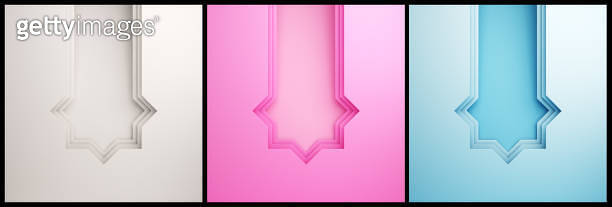 Collection set of various empty arabic paper cut window on pink, blue ...