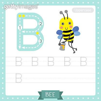 Letter B uppercase tracing practice worksheet. Happy Bee flying around ...