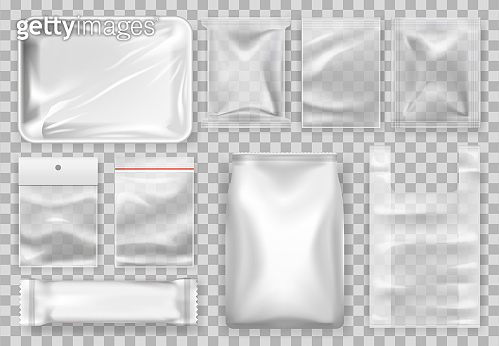 Realistic Empty packs, plastic package and vacuum containers mockups ...