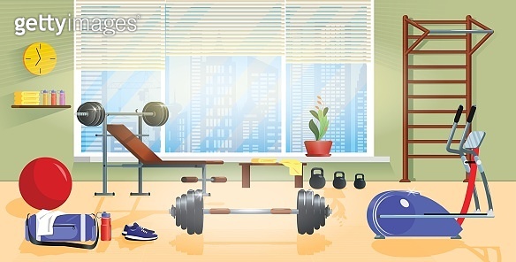 Vector cartoon background of home gym with window. Morning exercises ...