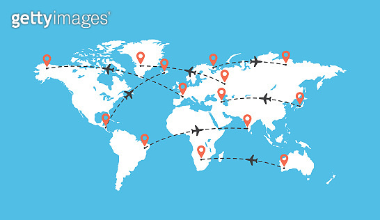 World travel map with airplanes illustration. Earth map with aircraft ...