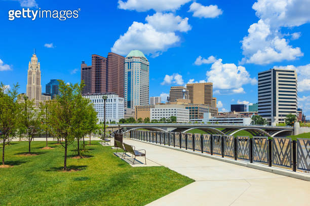 Spring day with skyscrapers of Columbus skyline,Scioto River, Ohio ...