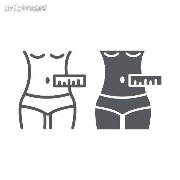 Waist measurement line and glyph icon, tailor and measure, female body ...