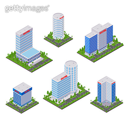 City hotel modern buildings, vector 3d isometric icons and design ...