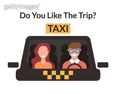 Client woman and taxi driver worker character in cab taxi car cabin ...