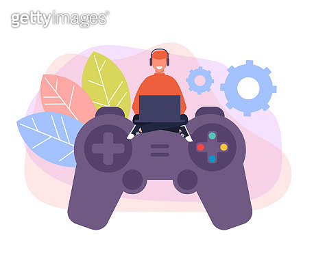 Boy man character playing computer game with game pad. Gaming concept ...