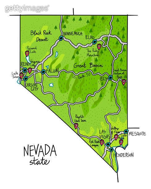 Map of Nevada state of the USA, with landmarks. 이미지 (1191887167) - 게티이미지뱅크