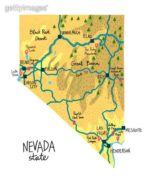 Map of Nevada state of the USA, with landmarks. 이미지 (1191887189) - 게티이미지뱅크