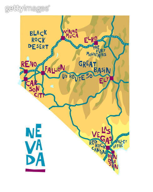 Map of Nevada state of the USA, with landmarks. 이미지 (1191887190) - 게티이미지뱅크